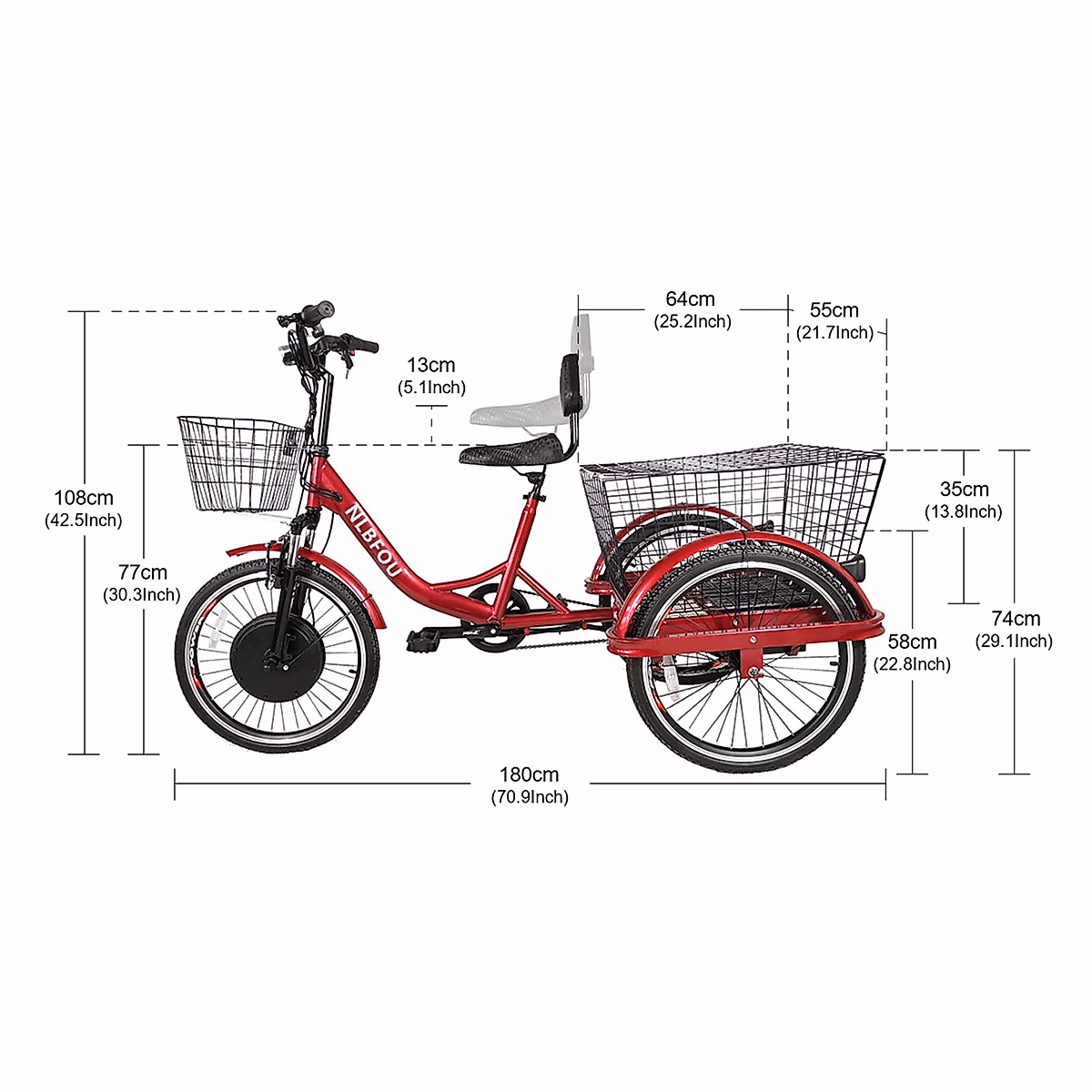 NLBFOU 22" Electric Trike,Electric Tricycle for Adult,350W Motor, 48V 13AH UL Certified Removable Lithium Battery ebike,3 Wheels Electric Bicycle with Large Basket for Men Women Senior
