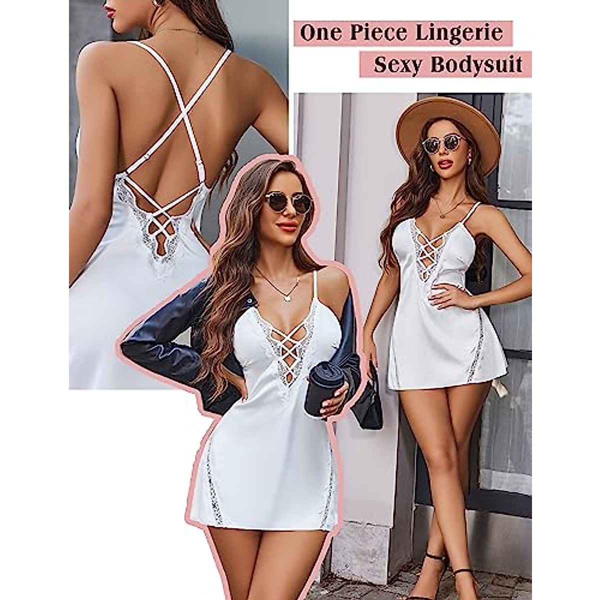 Avidlove Women Chemise Lingerie Satin Lace Nightgown Lace Babydoll Sleepwear Dress White Large