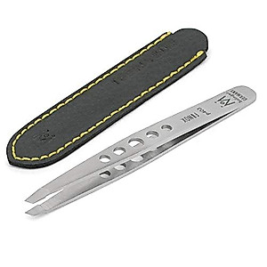 GERMANIKURE Professional Perforated Slanted Tweezers - FINOX Stainless Steel sharp tweezers in Leather Case - Professional Tweezers –Easy to use best tweezers- Ethically made in Solingen Germany 4403