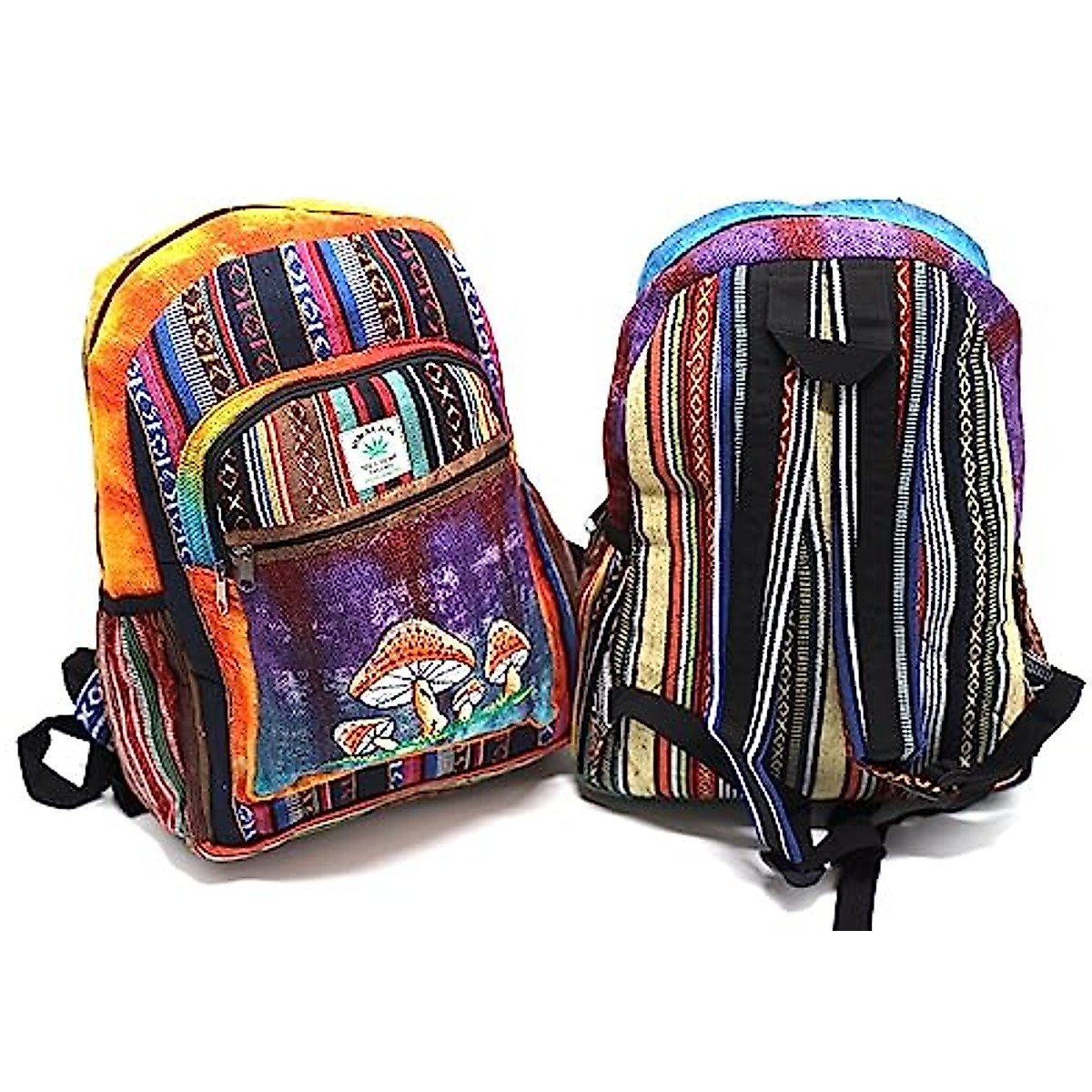 Unique Mushroom Embroidered Tie Dye Himalaya Hemp Hippie Backpack Festival Backpack Hiking FAIR TRADE Handmade with Love. (LARGE)