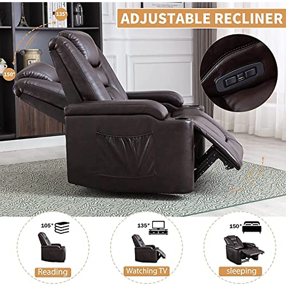 Phoenix Home Power Chair for Living Room Theater Recliner, Brown