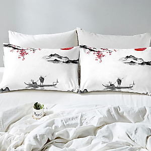 Japanese Ukiyoe Theme Comforter Set Hokusai Pattern Bedding Set Japanese-Style Comforter White Quilted Duvet Set for Kids Boys Girls Full