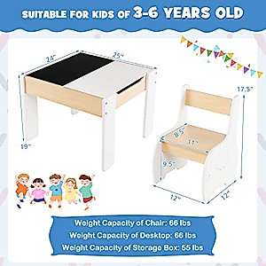 Costzon Kids Table and Chair Set, 4 in 1 Wooden Activity Table & 2 Chairs for Arts, Crafts, Drawing, Reading, 3 PCS Toddler Furniture with Storage, Detachable Blackboard, Gift for Boys Girls (White)