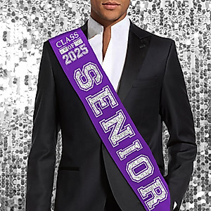Senior Sash 2025 - Silver Sparkle Class of 2025 Senior Purple Premium Grade Satin Sash - High School Graduation Gifts - Purple Sash (ClsOf25) SLV/Pur