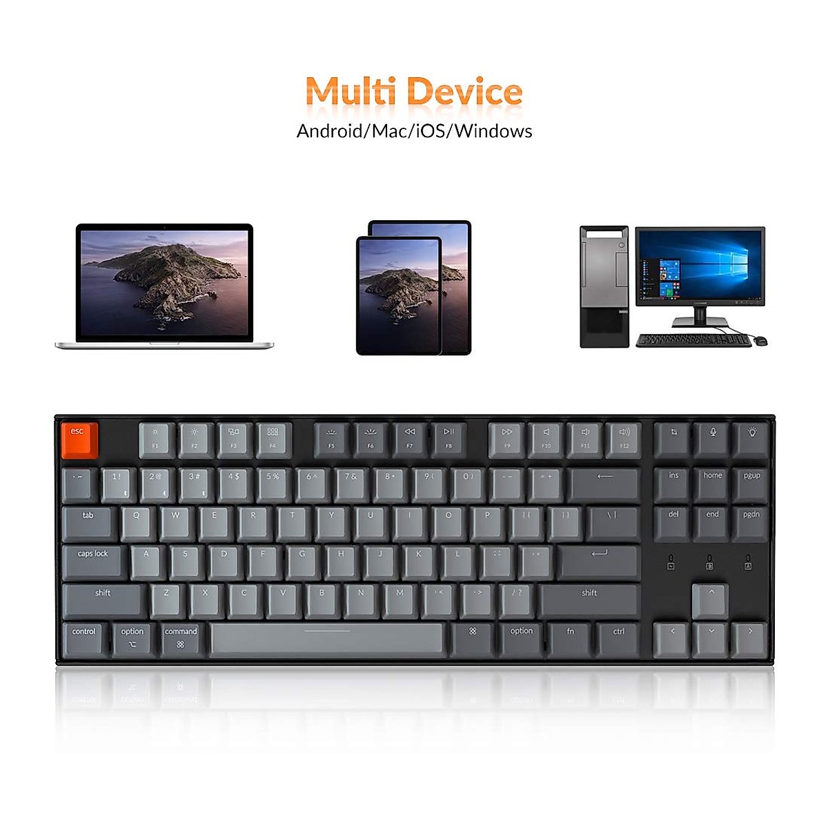Keychron K8 Hot-swappable Wireless Bluetooth 5.1/Wired USB Mechanical Gaming Keyboard, Tenkeyless 87 Keys Computer Keyboard with Gateron G Pro Blue Switch RGB Backlight N-Key Rollover for Mac Windows