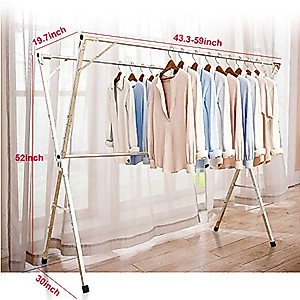 RELIANCER Free Installed Clothes Drying Rack Stainless Steel Foldable Rack Hanger Space Saving Retractable 43.3-59 inch Clothes Rack Adjustable Clothes Hanger Rolling Rack with 4 Casters & 10 Hooks
