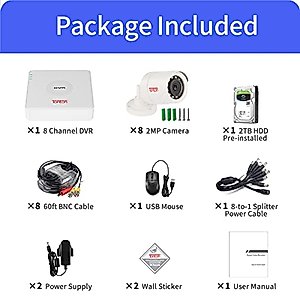 Tonton 5MP Lite 10 Channel Security Camera System,10CH H.265+ Hybrid DVR with 2TB HDD and 8PCS 2.0MP Weatherproof CCTV Bullet Cameras,Easy Remote Viewing,Motion Detection