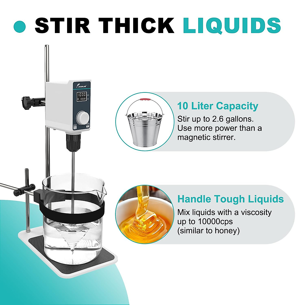 JOANLAB Overhead Stirrer Set 20L 20000 mPas Digital Overhead Mixer Lab Stirrer w/Stirring Rods 100-1500RPM Timing 1min-24h (Stand Included)