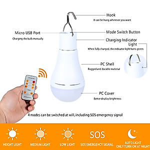 CCGKX Solar Light Bulbs Rechargeable with Remote Timer, 4 Modes Solar Powered Lantern for Indoor&Outdoor Chicken Coop Hurricane Emergency Lighting Hiking Camping (White, 300lm-2pack)