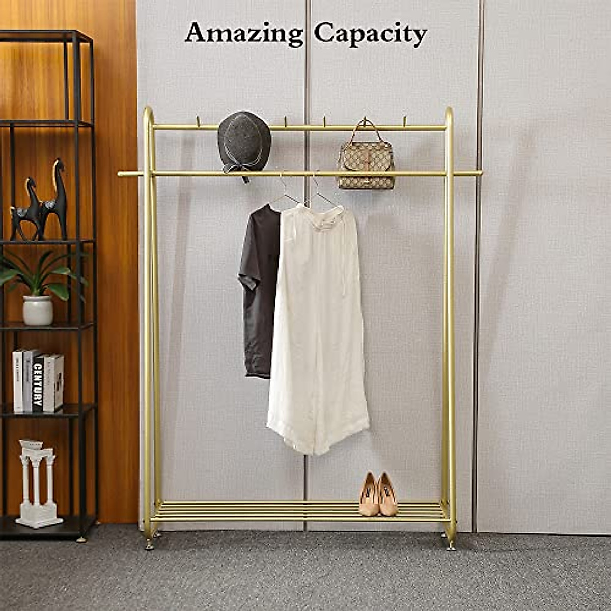 BOTAOYIYI Gold Clothing Rack 47.7 Inch L, Gold Metal Clothes Rack Garment Stand Modern Retail Heavy Duty For Boutique Store Or Bedroom With Coat Hanger And Shoe Display Free Standing