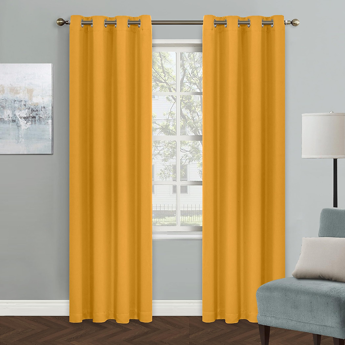MYSKY HOME Yellow Blackout Curtains for Living Room Bedroom Curtains 84 Inches Long Grommet Room Darkening Window Curtains Thermal Insulated Single Panel Curtains 52 x 84 Inch, Mustard Yellow