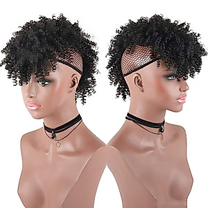 Aisaide High Puff Afro Mohawk Ponytail with Bangs No Drawstring,Short Kinky Curly No Drawstring Ponytail Extension,Synthetic Clip in Mohawk Ponytail Bun with Bangs,Wrap Updo Clip in Hair Extensions