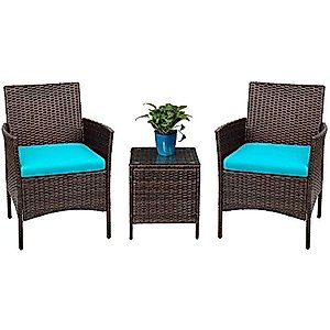 Devoko Patio Porch Furniture Sets 3 Pieces PE Rattan Wicker Chairs with Table Outdoor Garden Furniture Sets (Brown/Blue)