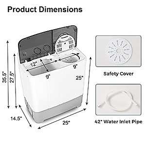 COSTWAY Portable Washing Machine, Twin Tub 22Lbs Capacity, Compact Washer(13.2Lbs) and Spinner(8.8Lbs) with Control Knobs, Built-in Drain Pump, Semi-Automatic Laundry washer for Apartment, RV (Grey)
