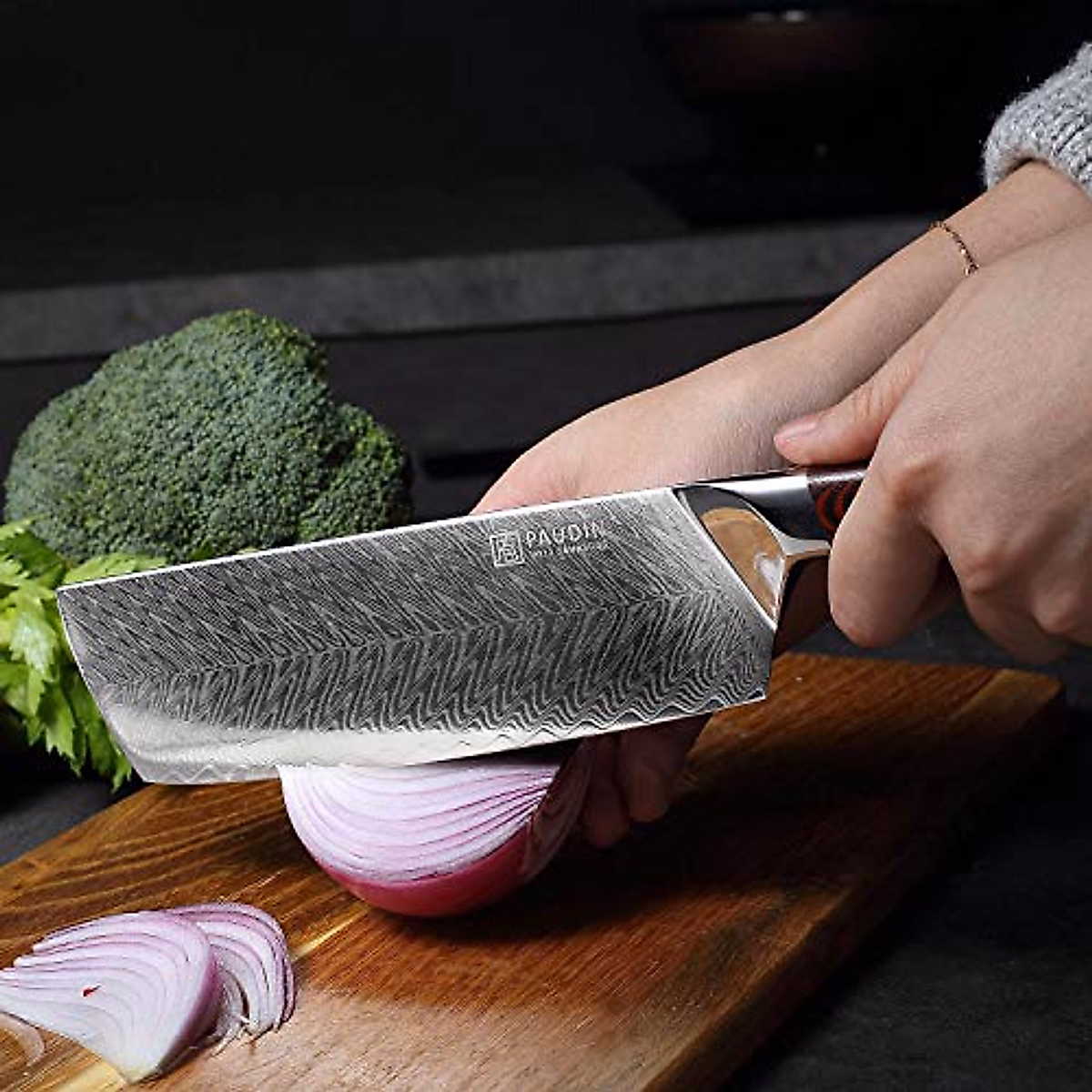 PAUDIN Damascus Nakiri Knife,7 Inch Japanese Damascus 67-layers VG10 High Carbon Stainless steel Knife, Ultra Sharp Vegetable Knife, Plume Pattern Kitchen Knife with Ergonomic G10 Handle