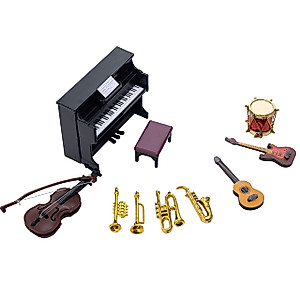 Kodycity Dollhouse Miniature Musical Instruments Set Mini Accessories Piano Violin Trumpet Guitar Saxophone Drum Doll House Accessory Miniatures 1 12 Scale for Model Music Room Decor