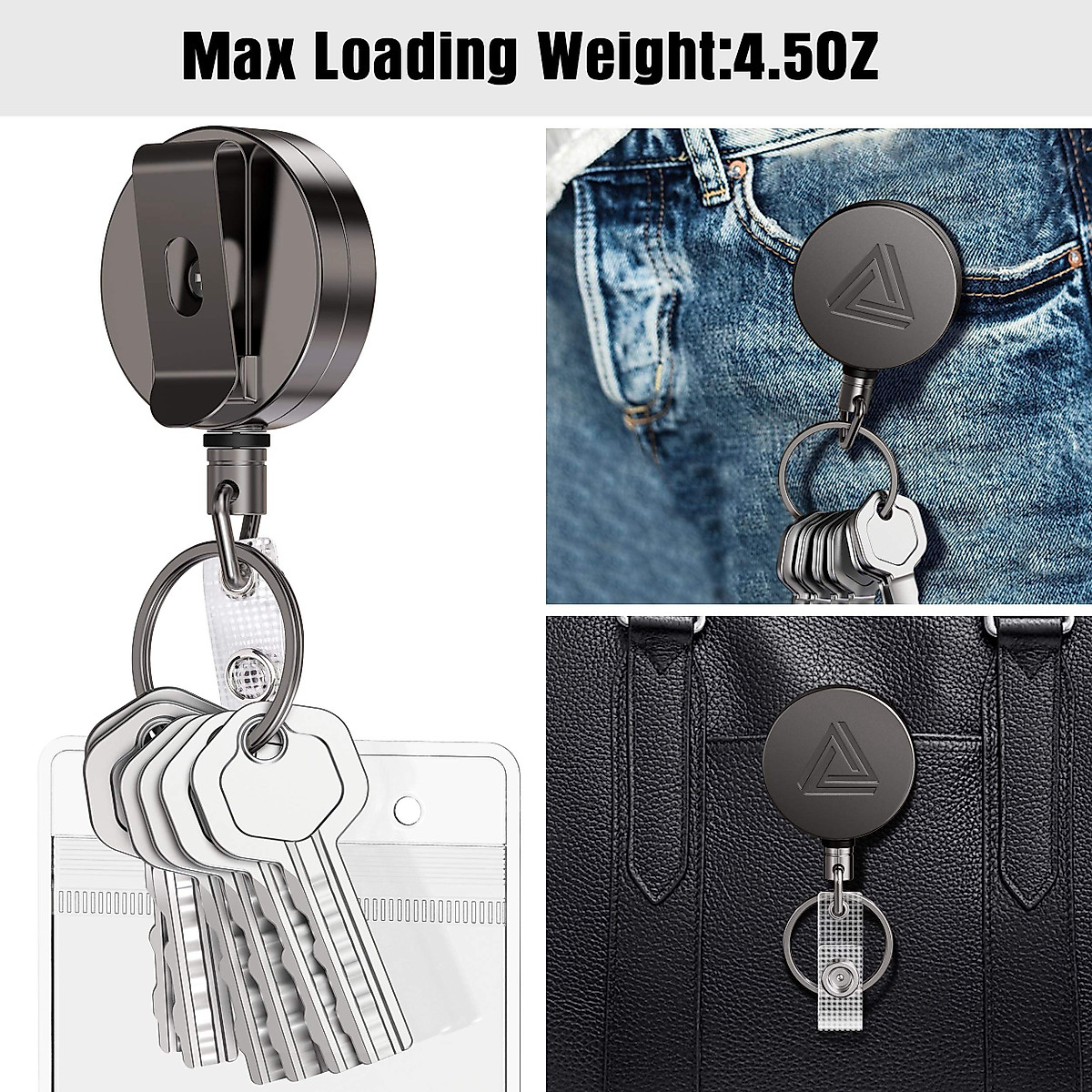 2 Pack Heavy Duty Metal Retractable Badge Holder Reel with Belt Clip Key Ring and Waterproof Vertical Clear ID Card Holder + 2 Extra Carabiner Key Chain Rings, 28 inches Strong Dyneema Pull Cord