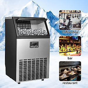 ZAFRO Commercial Ice Maker, 100lbs/24H Ice Machine with 33lbs Ice Bin, Self-Cleaning Under Counter Stainless Steel Freestanding Ice Maker for Restaurant/Bar/Cafe/Office Silver, Includes Scoop