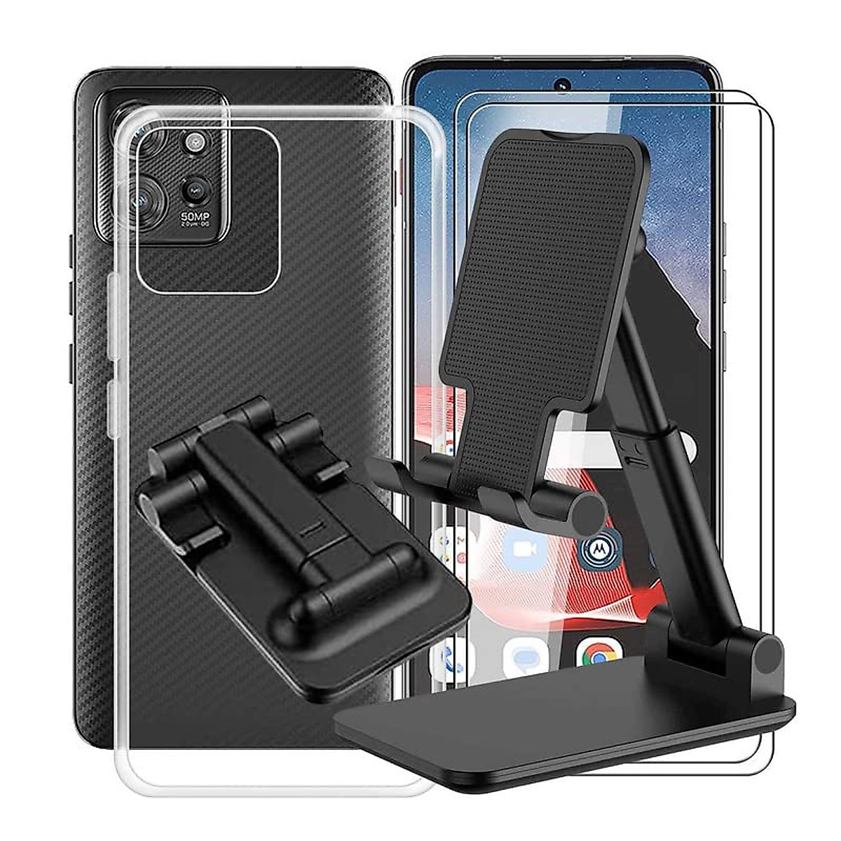 HGJTF Phone Case for Motorola ThinkPhone (6.6") + [2 X Tempered Glass Screen Protector], with Foldable Phone Stand for Desk - Clear Soft Silicone Shockproof TPU Cover for Motorola ThinkPhone