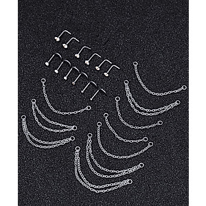 Akeoqi 28Pcs Nose Stud Nose Chain Screw Straight L Shape Nose Stud Chain Nose Stud Nostril Piercing Body Jewelry for Women Men 20G Set 2mm 2.5mm 3mm CZ Silver Tone