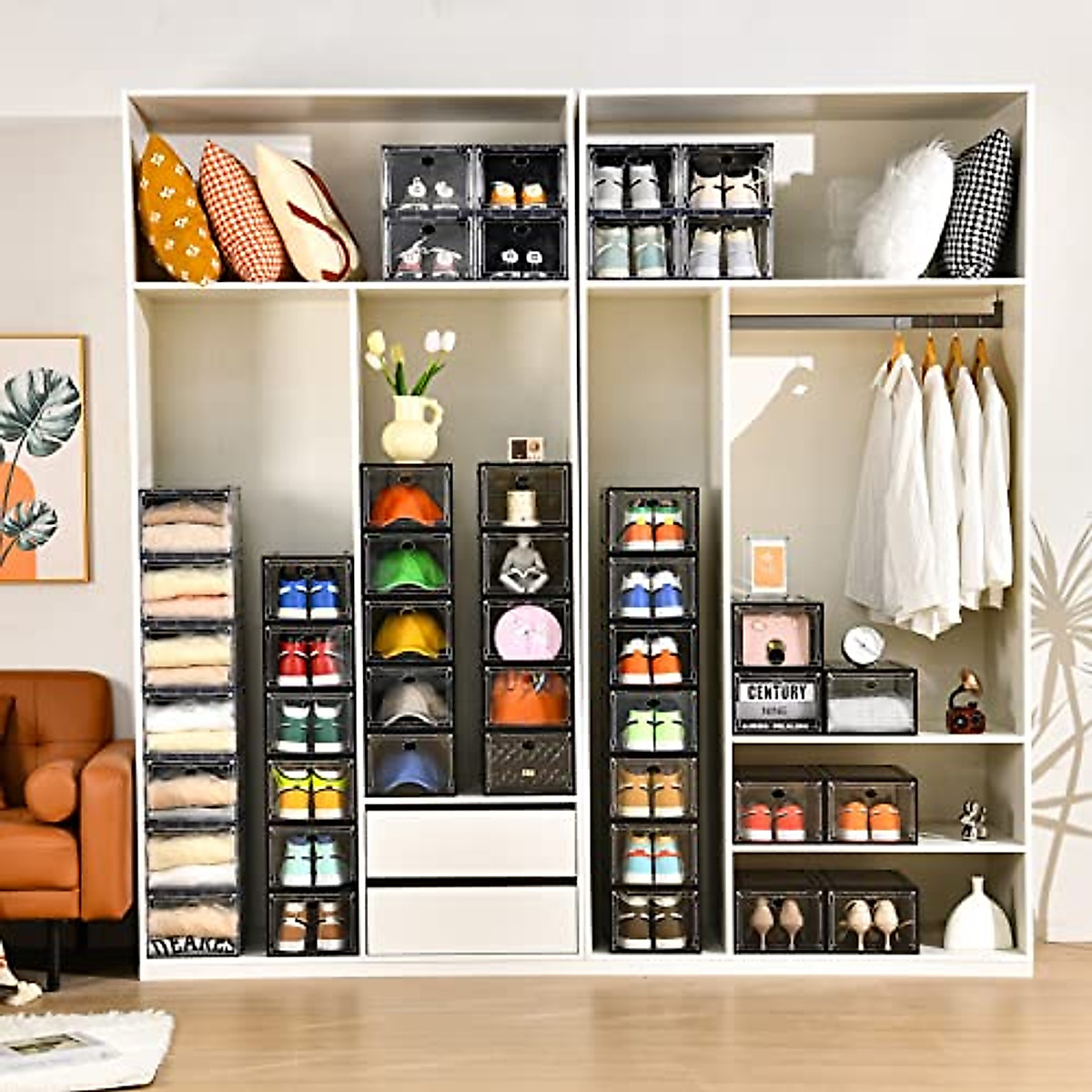 Amllas 10 Pack Shoe Boxes Stackable,Upgraded Sturdy Shoe Storage Boxes with Clear Magnetic Door,Multifunctional Sneaker Storage, Shoe Box Organizer Fit up to US Size 12 Gray(13.8”x 9.84”x 7.1”)