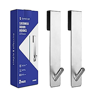 Simtive Extended Shower Door Hooks (7-Inch), Over Door Hooks for Bathroom Frameless Glass Shower Door, Towel Hooks, 2-Pack, Silver