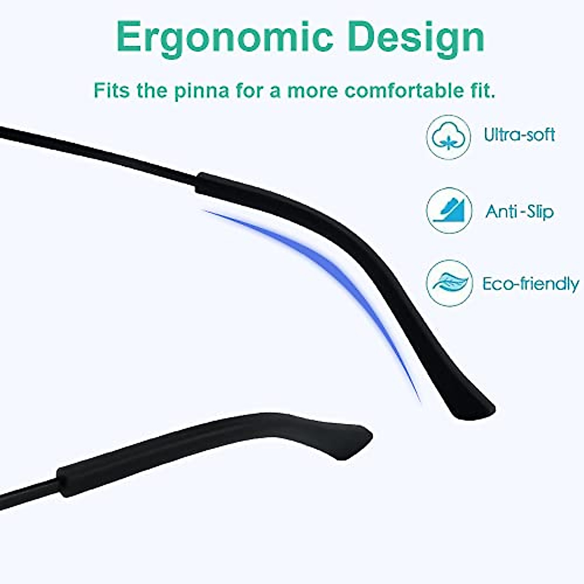 Junsika Eyeglass Temple End Tips Soft Silicone Anti Slip Eyeglass Replacement Temples for Flat Thin Eyeglass Legs 8 Pairs Black
