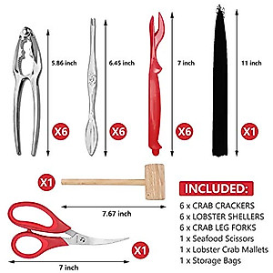 21 Pcs Crab Crackers and Tools, Seafood Tools Sets-6 Crab Crackers, 6 Red Forks, 6 Stainless Steel Lobster Shell Forks, 1 Seafood Scissors, 1 Lobster Crab Mallets and 1 Storage Bag