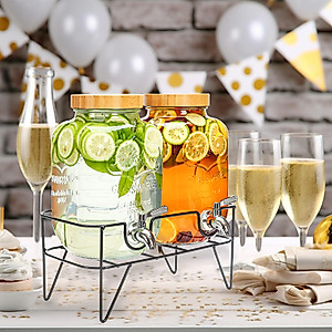 Roemey 1 Gallon Glass Drink Dispenser with Bamboo Lid, 2 Pack Beverage Dispenser with Stand, Drink Machine for Lemonade, Iced drinks, Kombucha Dispenser for Parties, Weddings