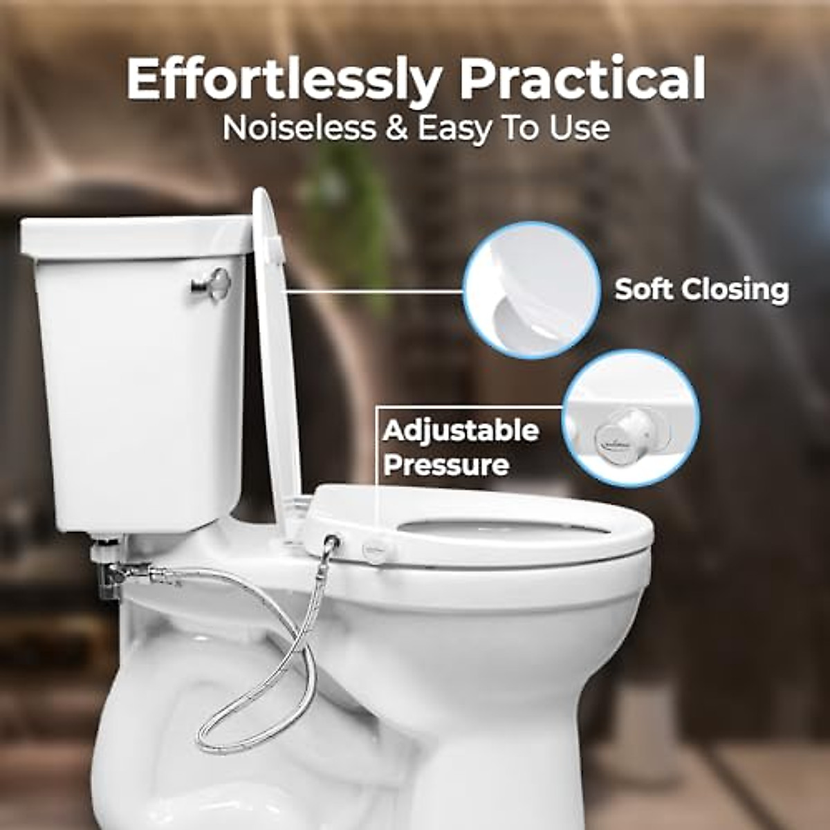 GenieBidet Slow-Close Round Bidet Toilet Seat, Stealth Bidet Attachment for Toilet Seat, Adjustable Self-Cleaning Nozzles, T Adapter & Bottle Bidet included