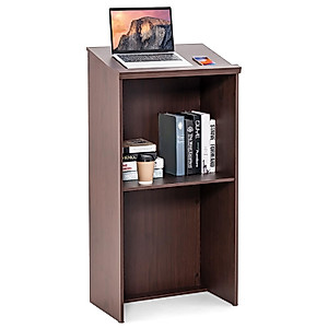 Tangkula Floor Standing Podium, Wooden Speaking Lectern Hostess Stand with 2-Tier Shelves & Dual Cable Holes, Standing Lectern Desk for Meeting Room, School, Churches, Auditorium, Classroom