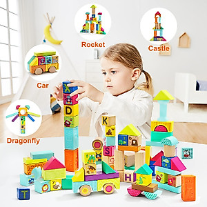 TOP BRIGHT Wooden Building Blocks Toddlers 1-3,Baby Blocks 12-18 Months,Toy Blocks for 1 2 3 Year Old 80 Piece