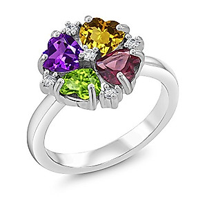 Gem Stone King 925 Sterling Silver Personalized Customized 4 Gemstone Birthstone Name Engraved Heart Shape Ring For Women (Available In Size 5, 6, 7, 8, 9)