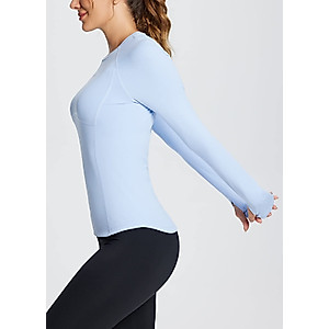 BALEAF Women's Long Sleeve Workout Tops Compression Running Shirts Fitted Athletic Warm Thumbholes Quick Dry Stretch Yoga Blue L