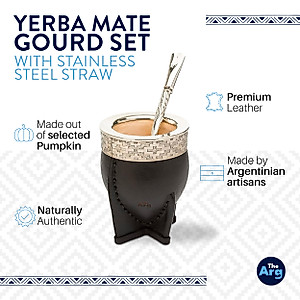 THEARG | Yerba Mate Gourd Set with Stainless Steel Straw | Handmade Leather Yerba Mate Cup and Bombilla Set from Argentina - Beach Essentials - Idea for Gifts | Travel Cup Mate