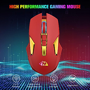 FELICON Wireless Gaming Mouse Rechargeable with Rainbow RGB Backlit,Optical Sensor 3 Level DPI,Ergonomic Gamer Laptop High Performance PC Mice with 8 Buttons for Windows 7/8/10/XP Vista（Red）