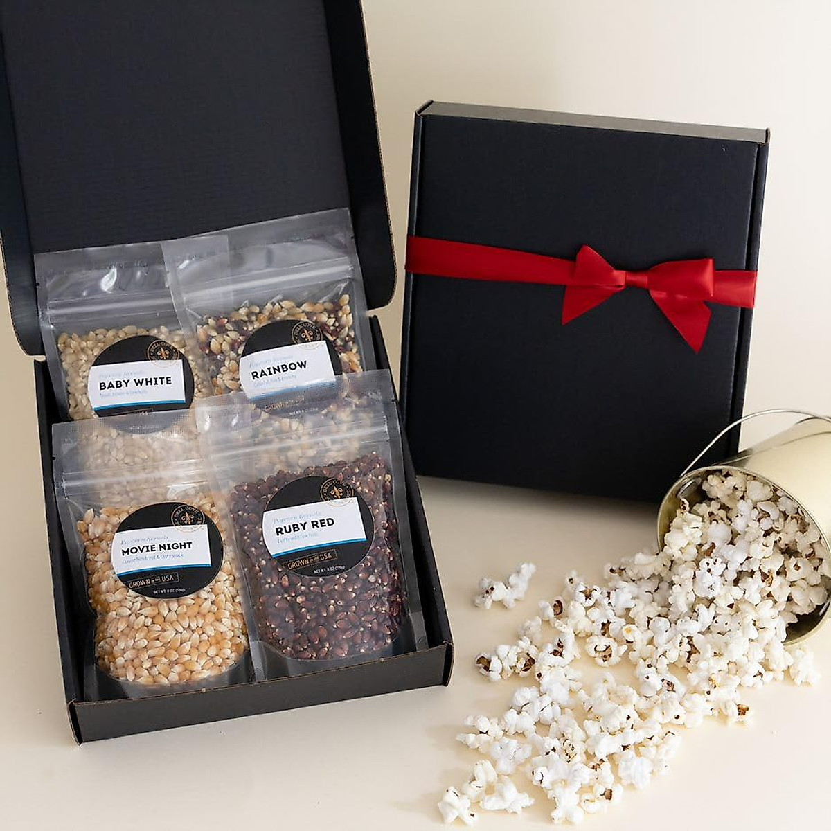 Custom Movie Popcorn Gift Set – Pick Your Set of 4 | Variety Popcorn Kernel Gift Set | Non-GMO Snacks & Gluten Free Popcorn + Accessories with Ready Black Gift Box by Dell Cove Spices and More