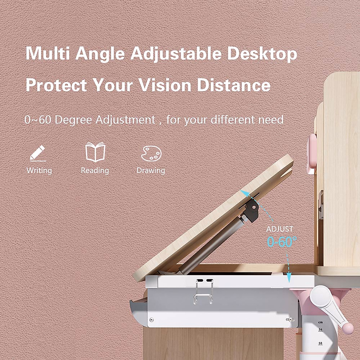 FCD Wood Adjustable Height Kids Study Desk with Chair, Reading Homework Drawing Table Computer Station Built-in Bookshelf Hutch, Tablet Holder, Tiltable Desktop and Storage Drawer (Pink, Wood of Fir)