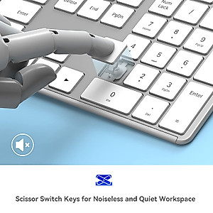 AUSDOM White Wireless Full Size Keyboard: Bluetooth Multi-Device USB Cordless Slim Quiet Keyboard with Numberpad, Rechargeable Noiseless Silent Universal Flat Keyboard for Mac iMac MacOS PC Computer