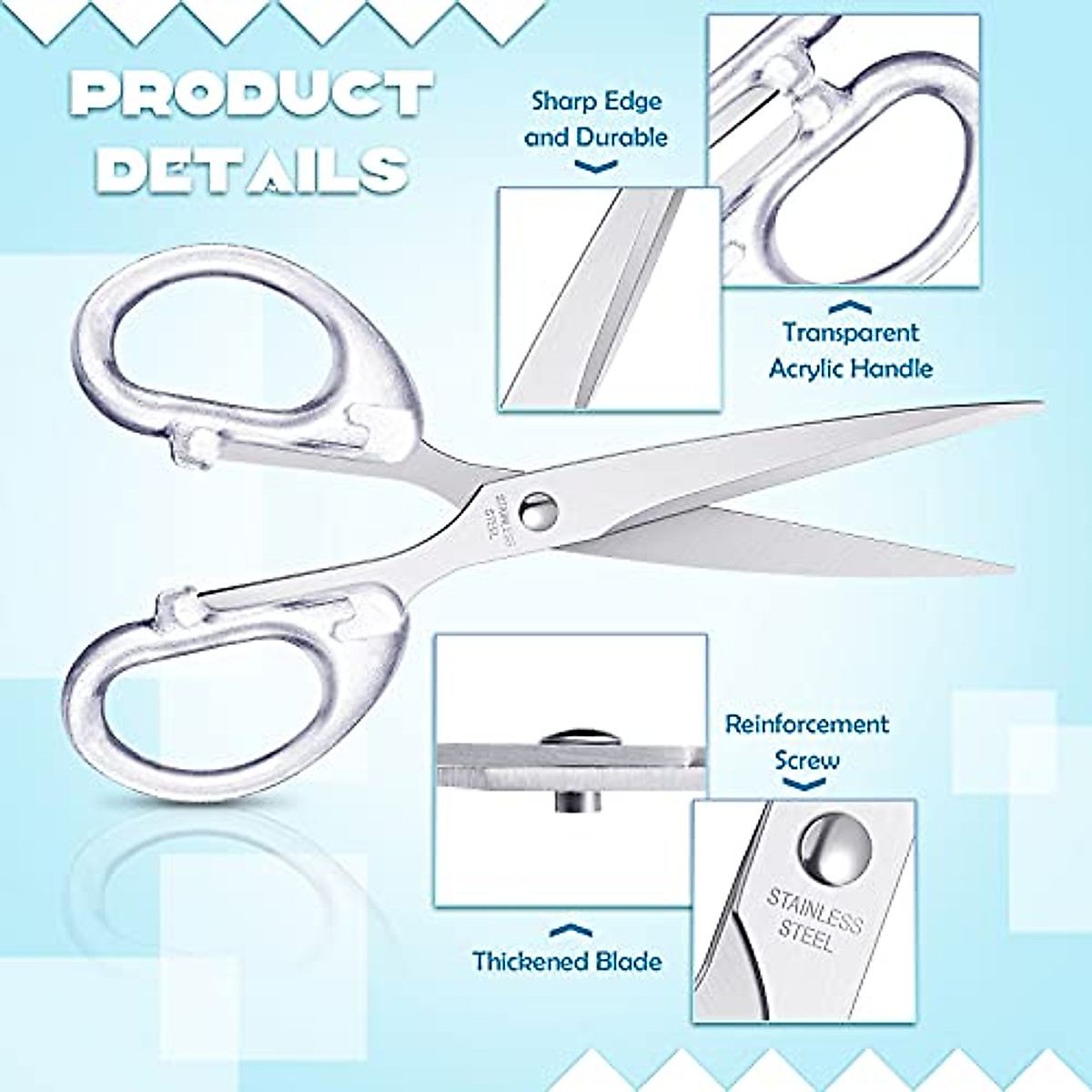 3 Pieces 6.3 Inches Acrylic Scissors Clear Silver Scissors Fabric Scissors Straight Acrylic Stainless Steel Multipurpose Craft Scissors for Office, Home, School, Sewing