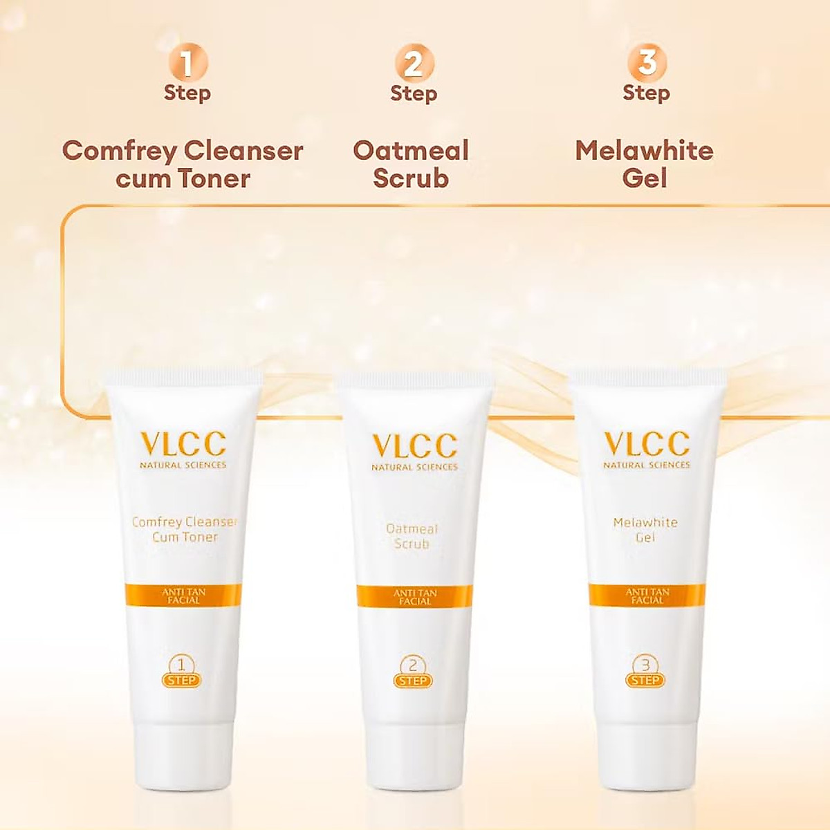 VLCC Natural Anti Tan Facial Kit - Single Use | Salon Like Facial at Home in Just 6-Steps | Includes Cleanser, Scrub, Cream, Face Pack & Moisturizing Gels | 2.12 Oz/60g