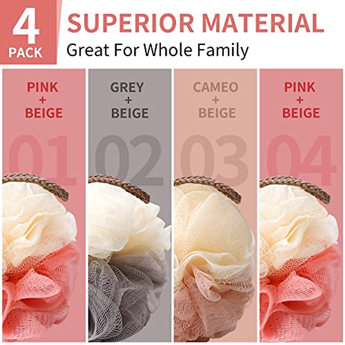 FARMOGA Bath Loofah Sponge Body Scrubber Shower Sponge Exfoliating Mesh Pouf Shower Ball Bath Sponges for Women and Men Bathing Accessories (4Pack 50G Dual Color)