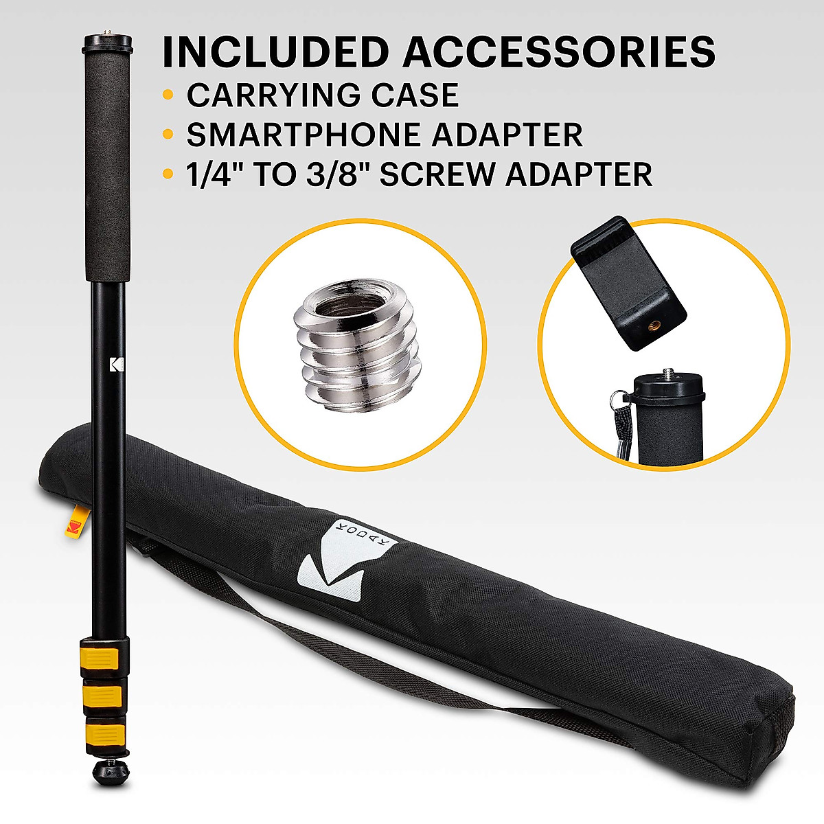 KODAK PhotoGear 72” Portable Monopod | 21”-72” Lightweight Aluminum Monopod | 4-Section Flip Lock Adjustment, Smartphone Adapter, Rubber Foot with Retractable Spike, Wrist Strap & Bonus E-Guide & Case
