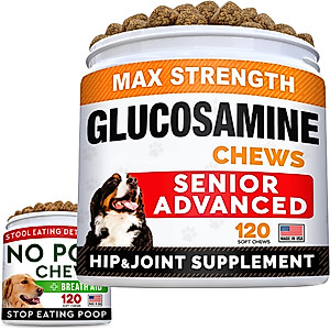 Senior Advanced Glucosamine Joint Supplement + No Poo Treats Bundle - Hip & Joint Pain Relief + Coprophagia Stool Eating Deterrent - Omega-3, Chondroitin, MSM + Probiotics & Digestive Enzymes - 240Ct