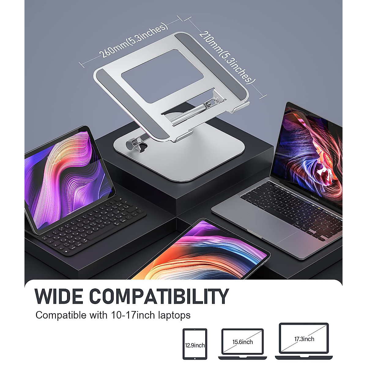 AOEVI Laptop Stand with Stable Support, Adjustable Laptop Riser for Desk, Aluminum Computer Stand Notebook Holder Compatible with MacBook Air Pro, Dell XPS, HP, Lenovo, Silver