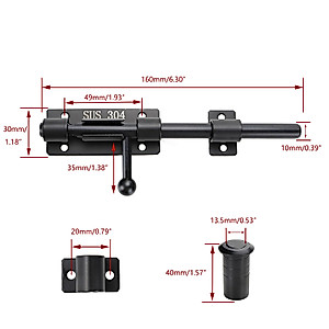 KUMGROT Black Slide Bolt Gate Latch 6 Inches Heavy Duty Door Latch Lock 304 Stainless Steel Barrel Bolt Lock Door Latches Hardware for Wooden Fence Yard Door Barn