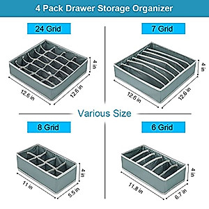 4-Pack Drawer Underwear Storage Organizer Set - Cooyokit Foldable Storage Divider For Closet, Cabinet Collapsible Storage Container For Storing Lingerie, Bras (A-C), Socks, Tie etc. (4 Pack, Grey)