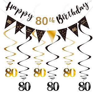 80th Birthday Decoration Kit, Happy 80th Birthday Banner Bunting Swirls Streamers, Triangle Flag Banner for Birthday Party Decorations Supplies Black and Gold 80th