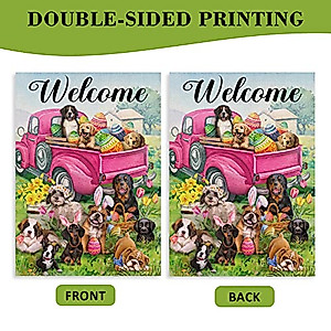 Covido Home Decorative Welcome Easter Eggs Pink Truck Dog Garden Flag, Country Puppy House Yard Daffodil Tulip Daisy Flowers Outside Decoration, Spring Floral Outdoor Small Decor Double Sided 12 x 18