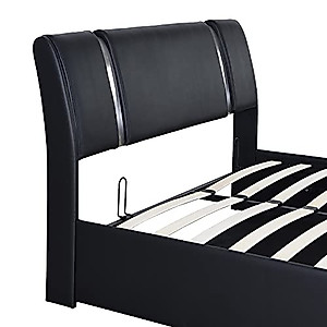 Metal Queen Bed Frame Queen Size Upholstered Faux Leather Platform Bed with a Hydraulic Storage System, Black